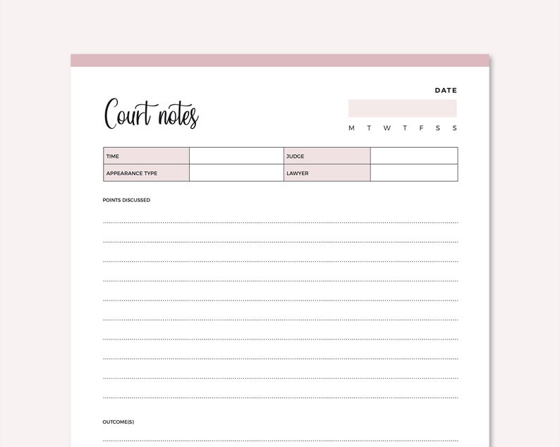 Printable Court Notes Court Battle Record Notes Keep Track | Etsy