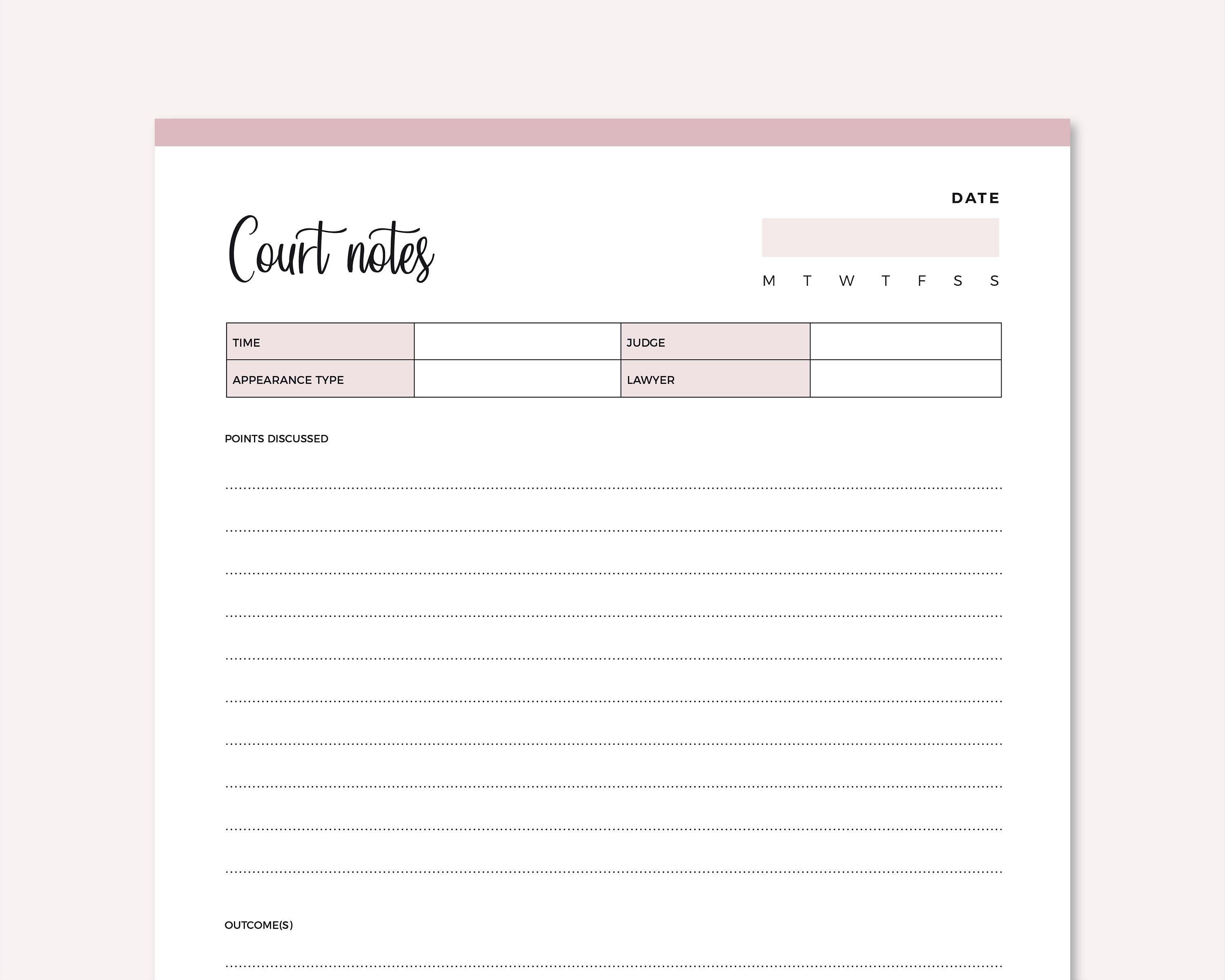 Printable Court Notes Court Battle Record Notes Keep Track | Etsy