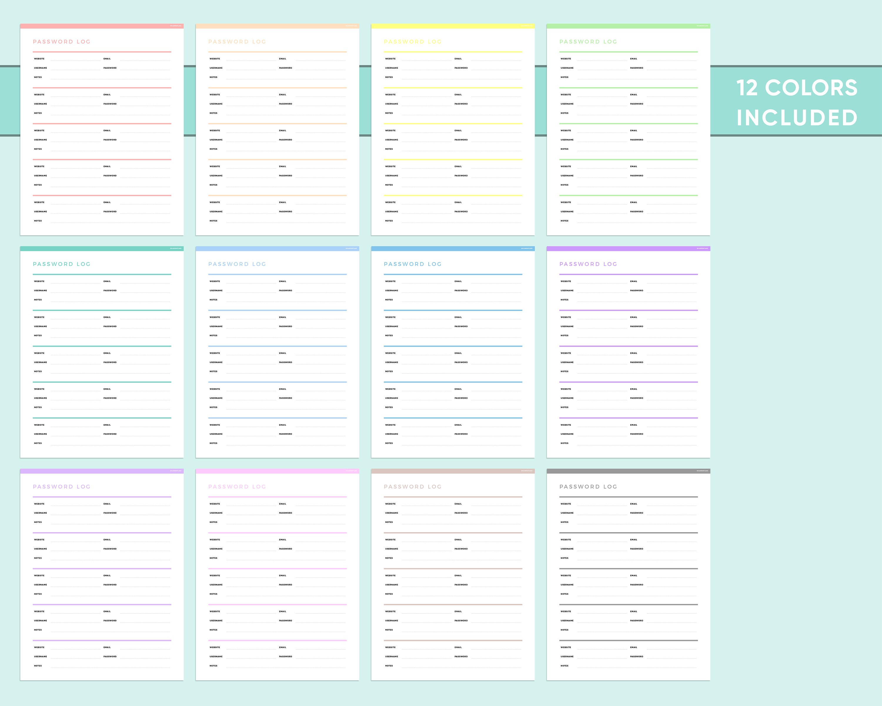 Fillable Password Tracker Printable, 12 Colors (PDF) - Etsy