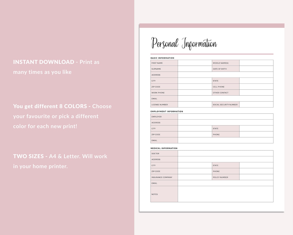 Printable Personal Information Page, Planner Template, Binder Insert ...