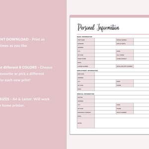 Printable Personal Information Page, Planner Template, Binder Insert ...
