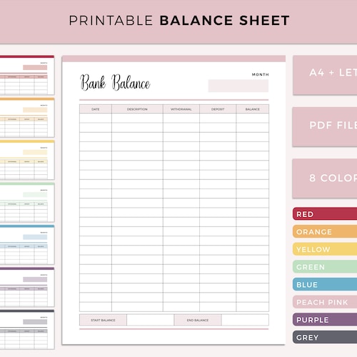 Printable Bank Balance Sheet Savings Tracker Banking Record - Etsy