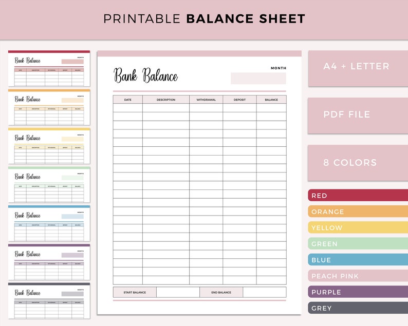 Printable Bank Balance Sheet, Savings Tracker, Banking Record, Finance ...