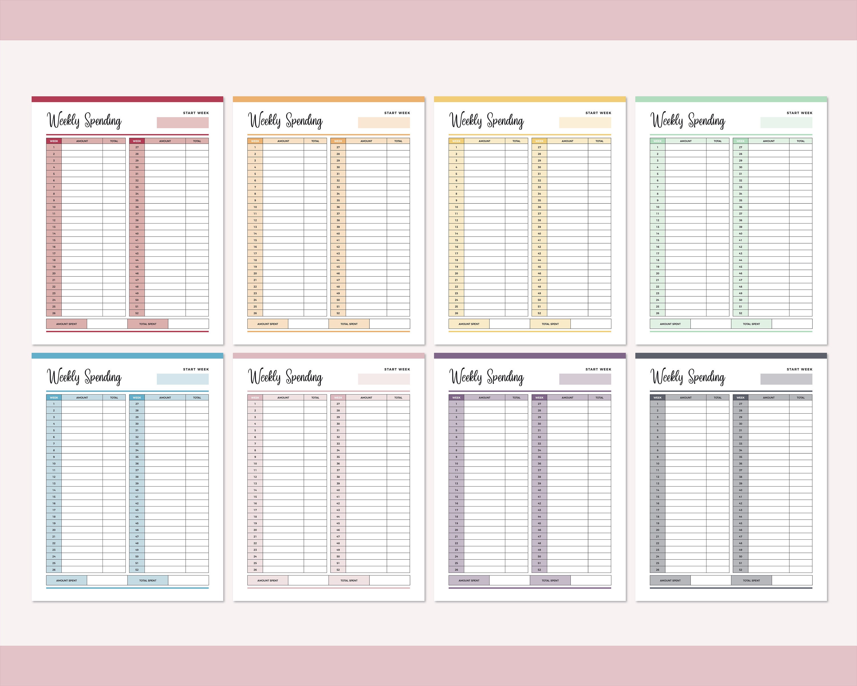 Printable Budget Sheets, Weekly Spending and Savings, 52 Week, 1 Year ...