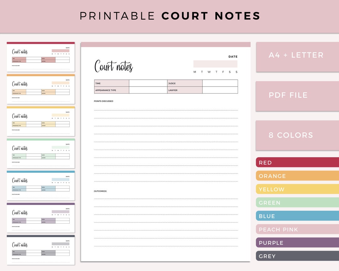 Printable Court Notes, Court Battle Record Notes, Keep Track of Court ...