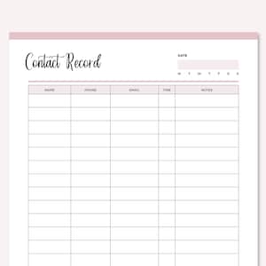 Printable Contact Record, Contact Tracker, Client Contact Sheet ...