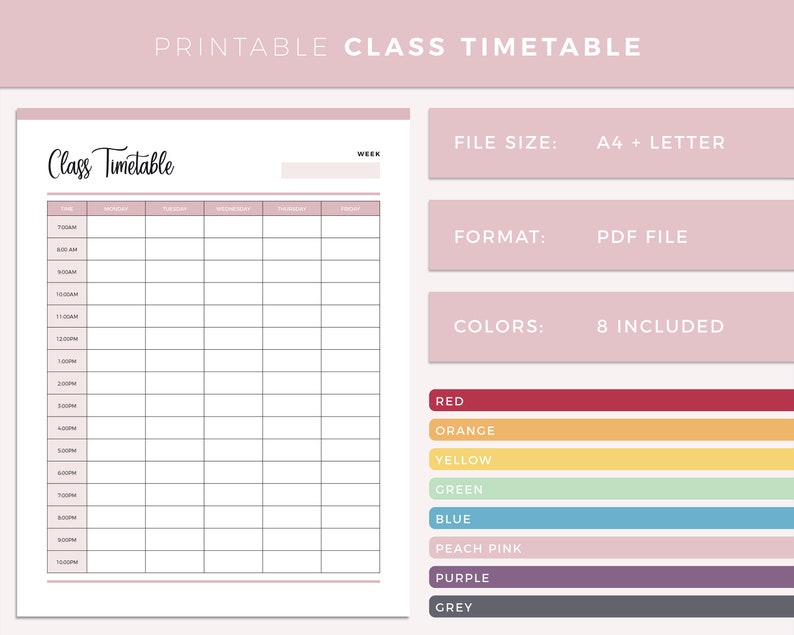 Printable Class Timetable Print at Home Blank Student Time - Etsy