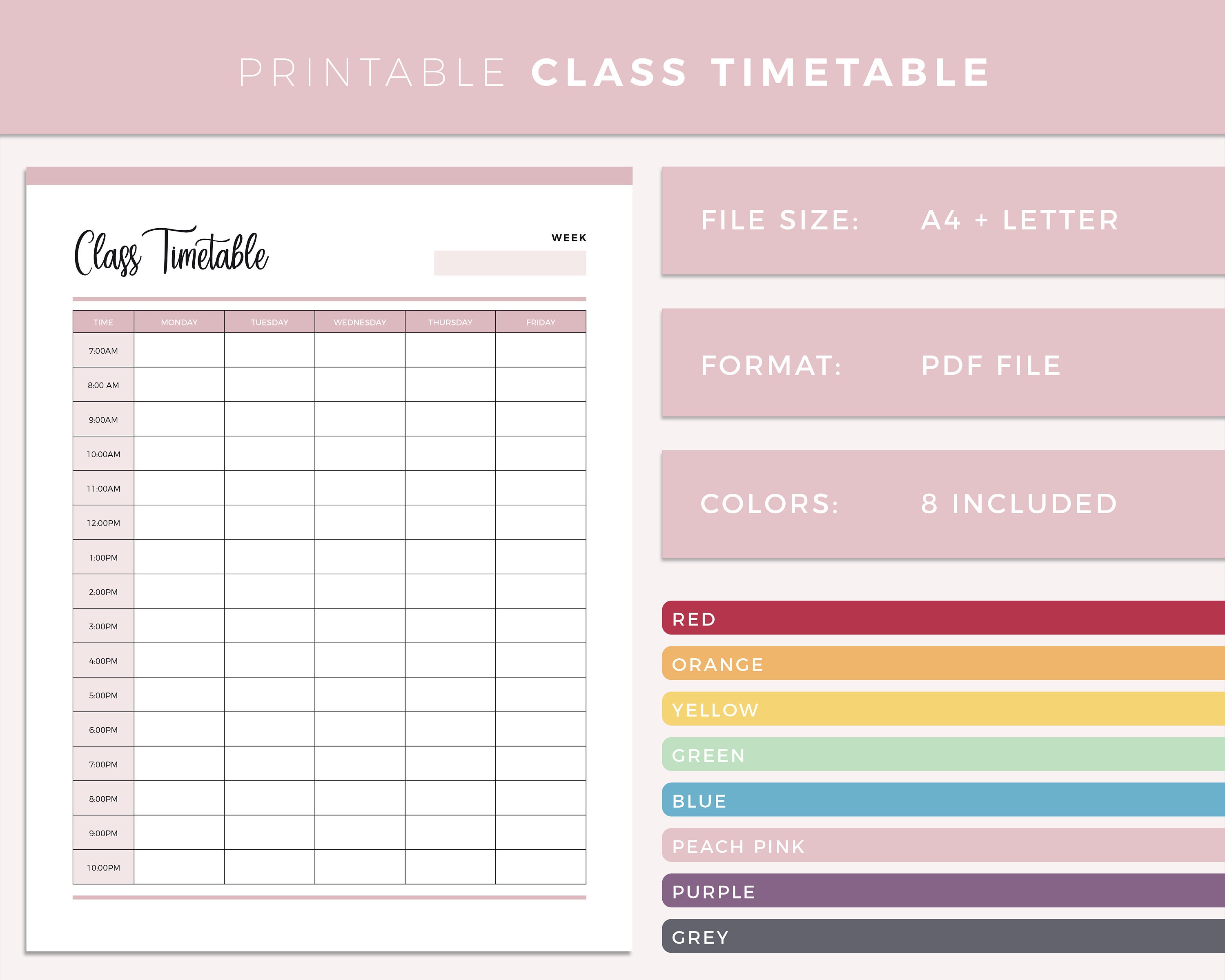 Printable Class Timetable Print at Home Blank Student Time - Etsy