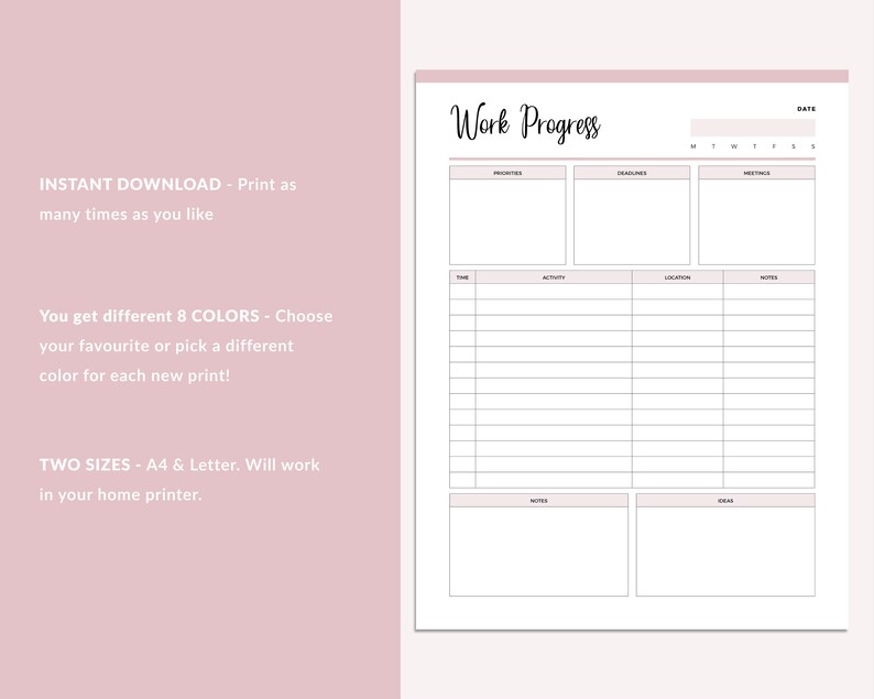 Work Planner Printable Work Progress Template Daily Employee - Etsy