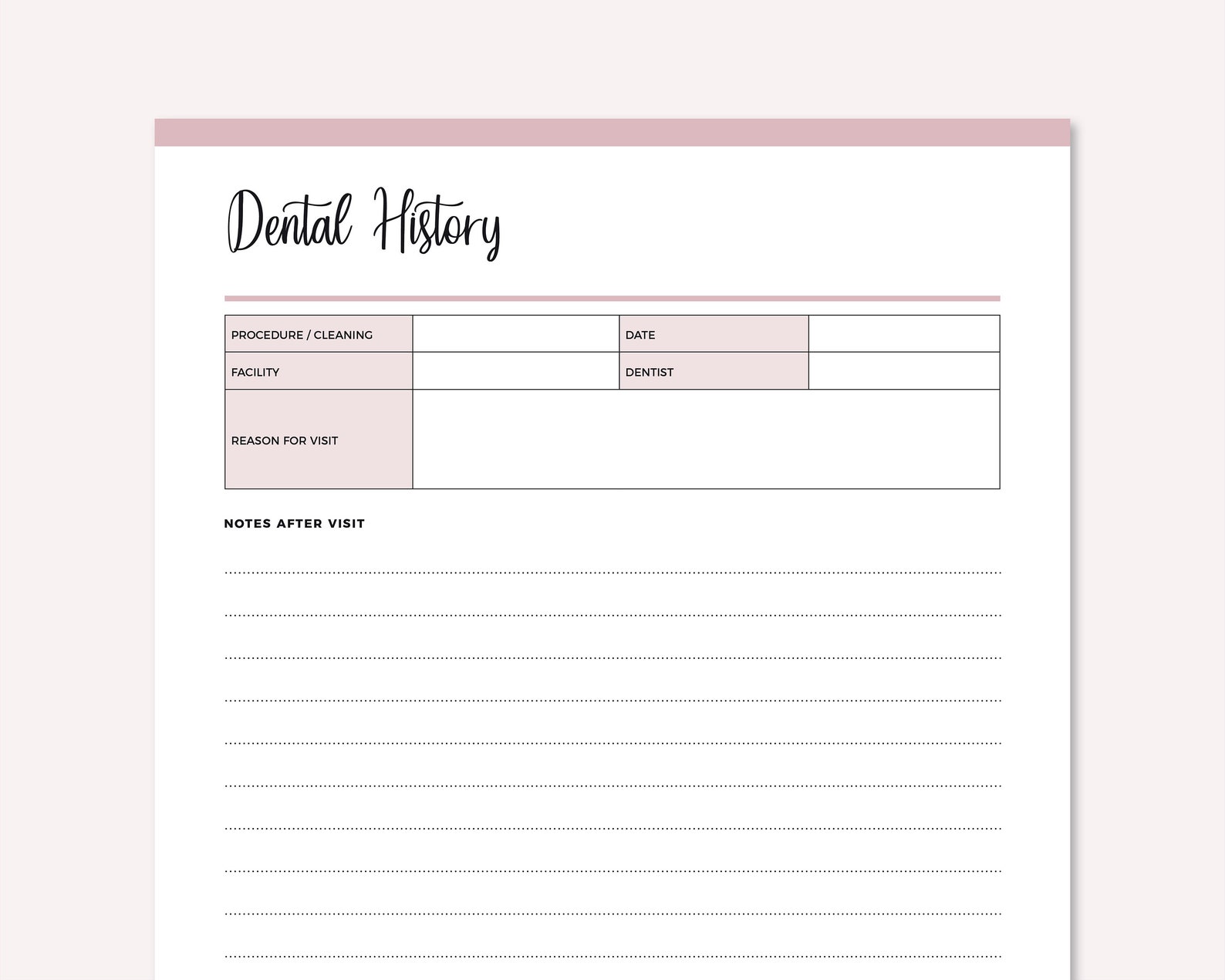 Printable Dental History, Dental Records, Dental Procedures, Dentist ...