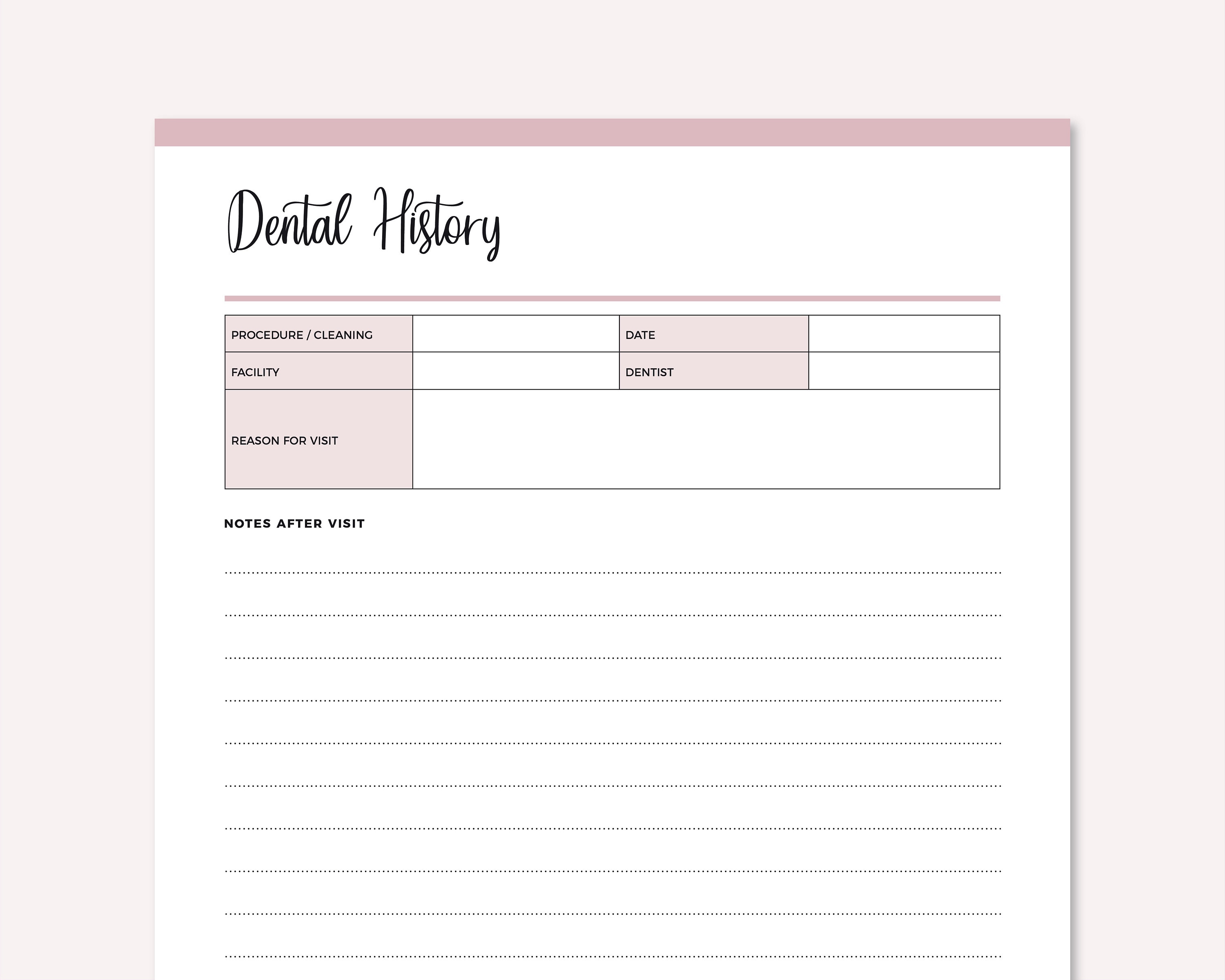 Printable Dental History Dental Records Dental Procedures - Etsy