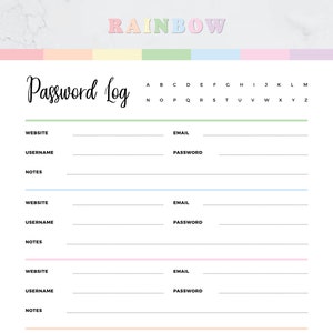 Password Tracker Printable | Rainbow Password Log - Etsy