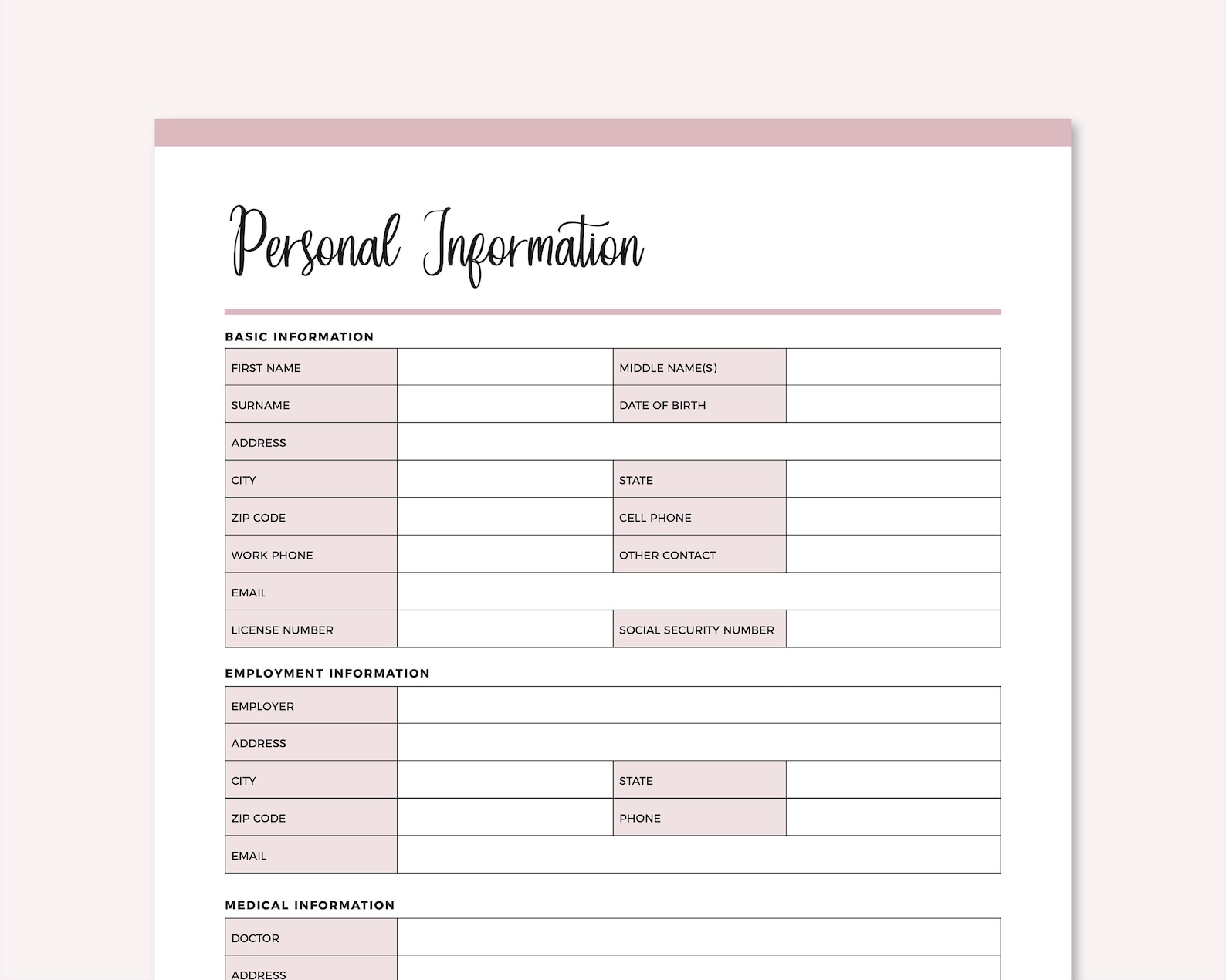 Printable Personal Information Page, Planner Template, Binder Insert ...