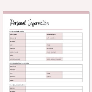 Printable Personal Information Page, Planner Template, Binder Insert ...