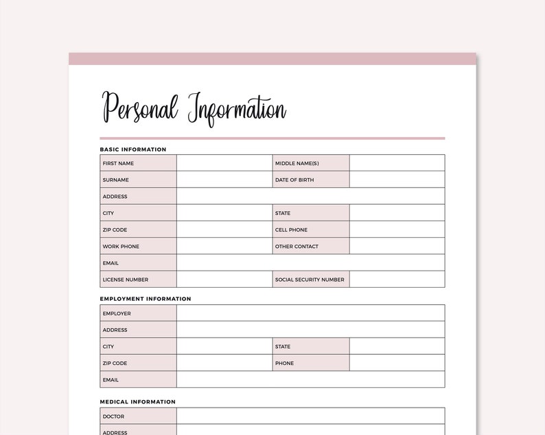 Printable Personal Information Page Planner Template Binder - Etsy