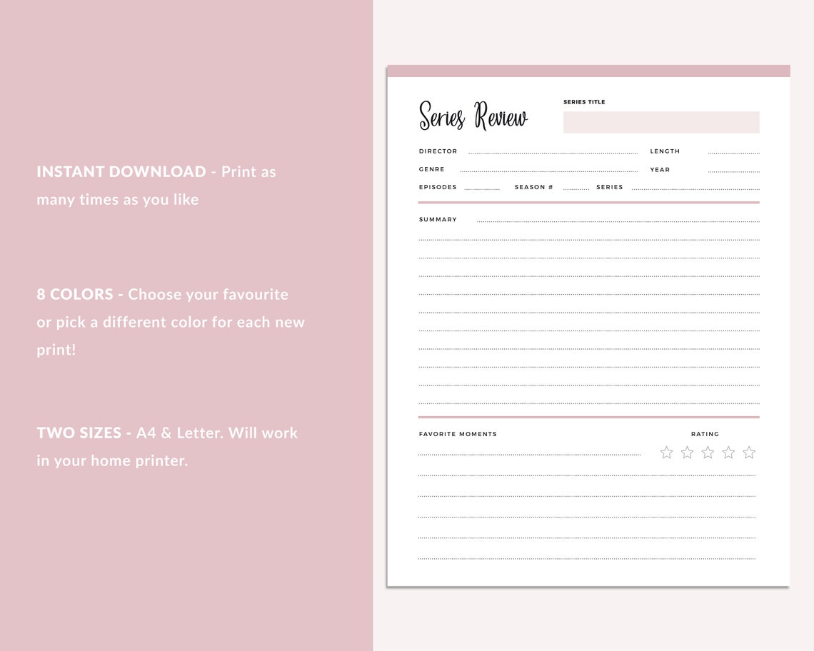 Printable TV Series Review Sheet Television show log TV show | Etsy