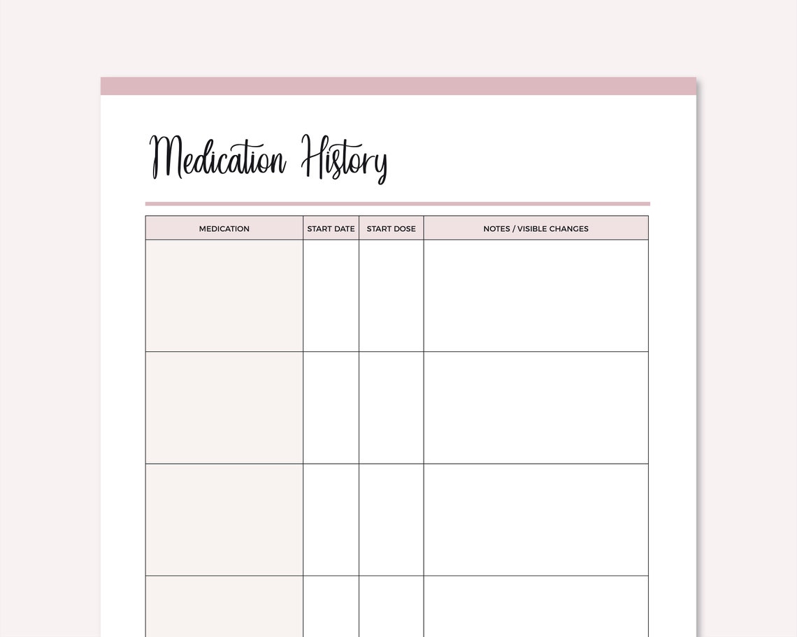 Printable Medication History Template Medical Binder Planner - Etsy
