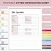 Printable Kitten Information Sheet, New Cat Important Information Page ...