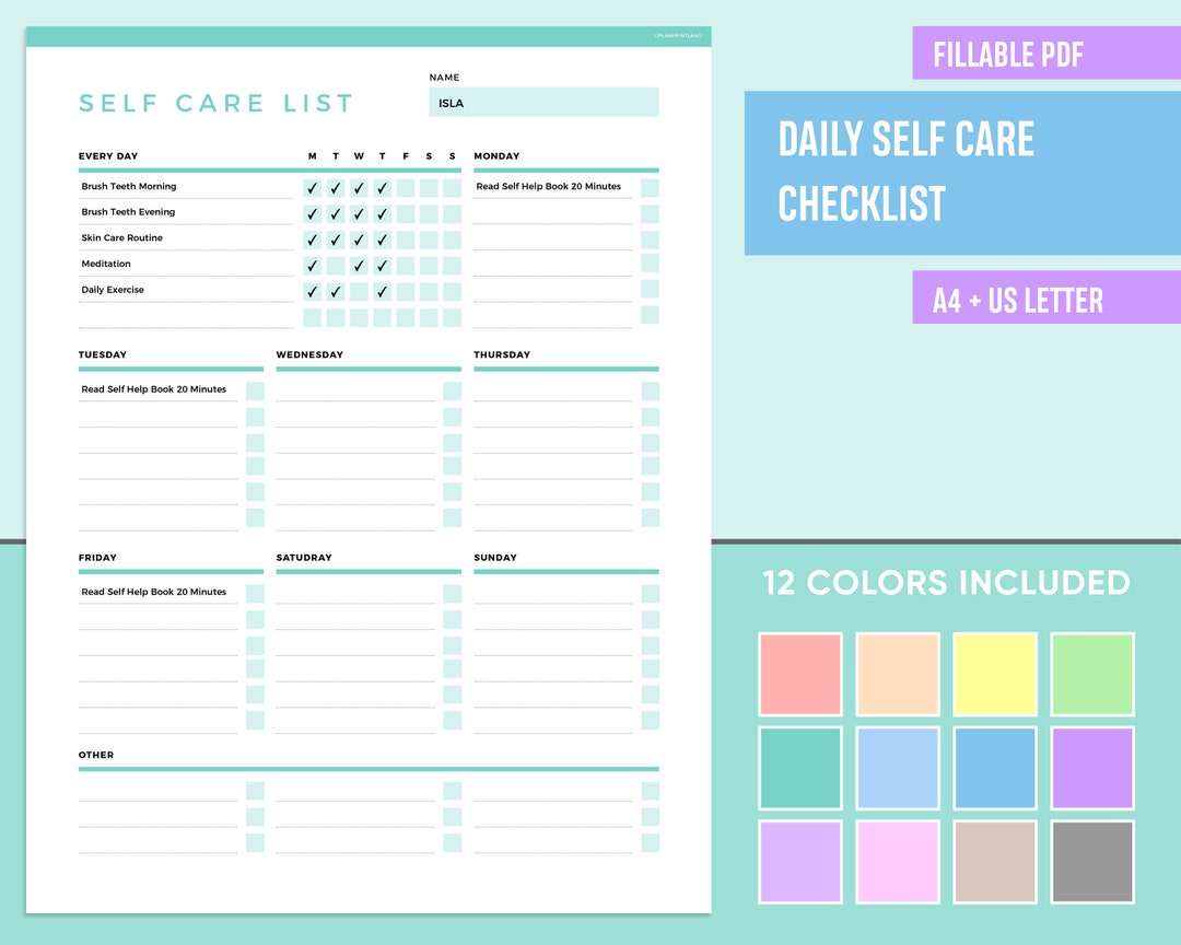 Editable Self Care Checklist Printable, Self Care Planner, Self Care ...