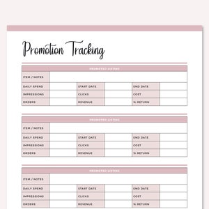Printable Promoted Listing Sheet, Online Seller Promotion Tracker, Ad ...
