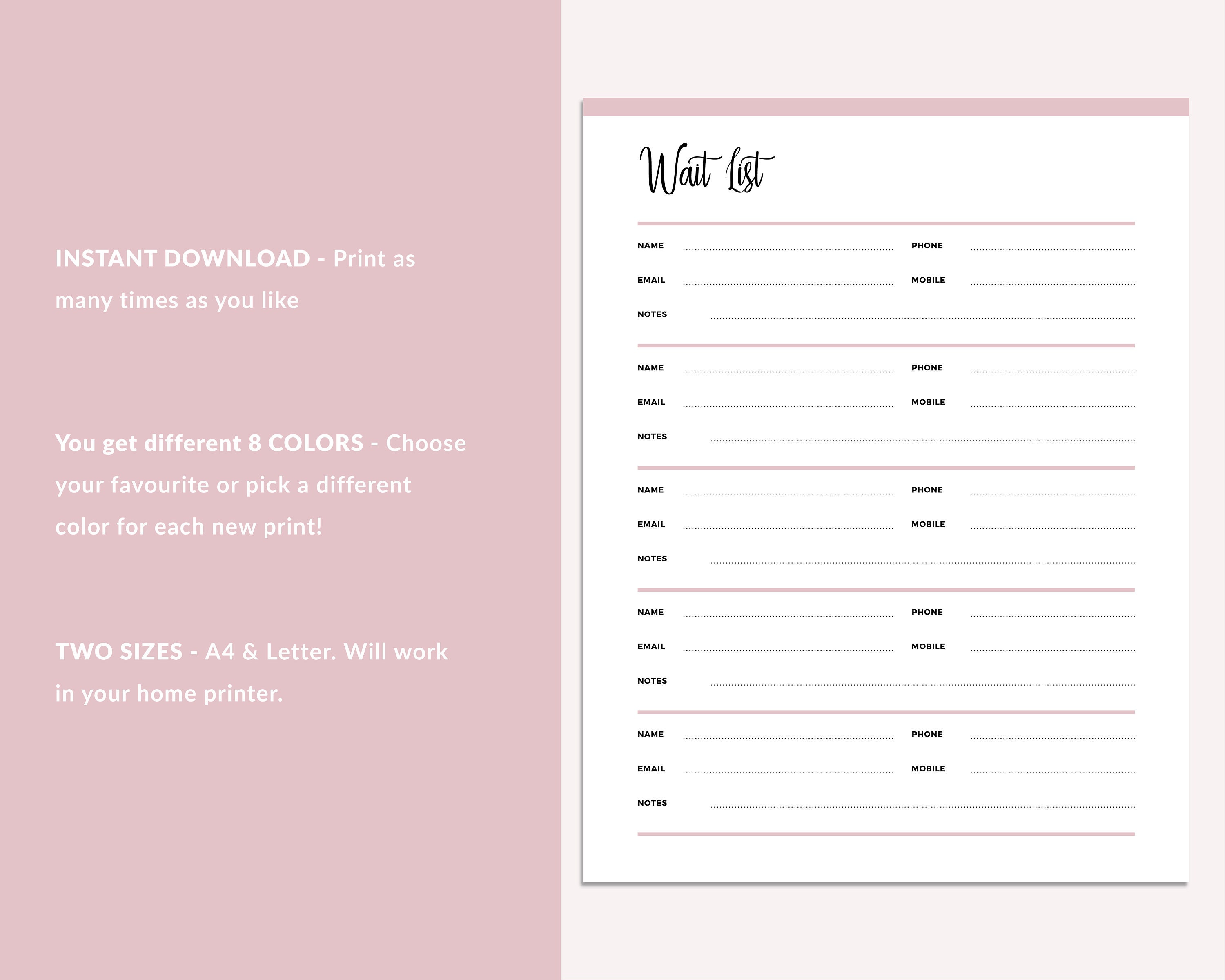 Printable Wait List, Business Contact List, MLM Waitlist, Client Wait ...