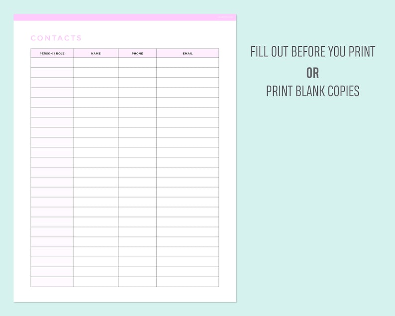 Editable Contact List Template Printable, Contact Sheet PDF, Printable ...