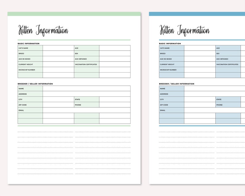 Printable Kitten Information Sheet New Cat Important | Etsy