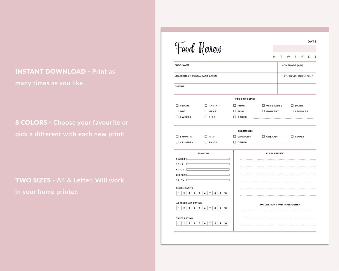 Printable Food Review Journal, Restaurant Review Sheet, Places to Eat ...