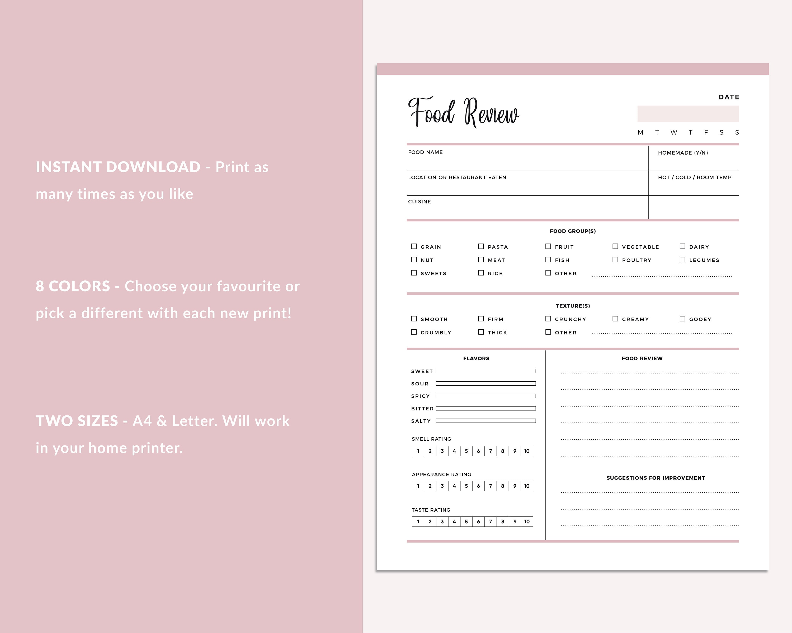 Printable Food Review Journal Restaurant Review Sheet Places | Etsy