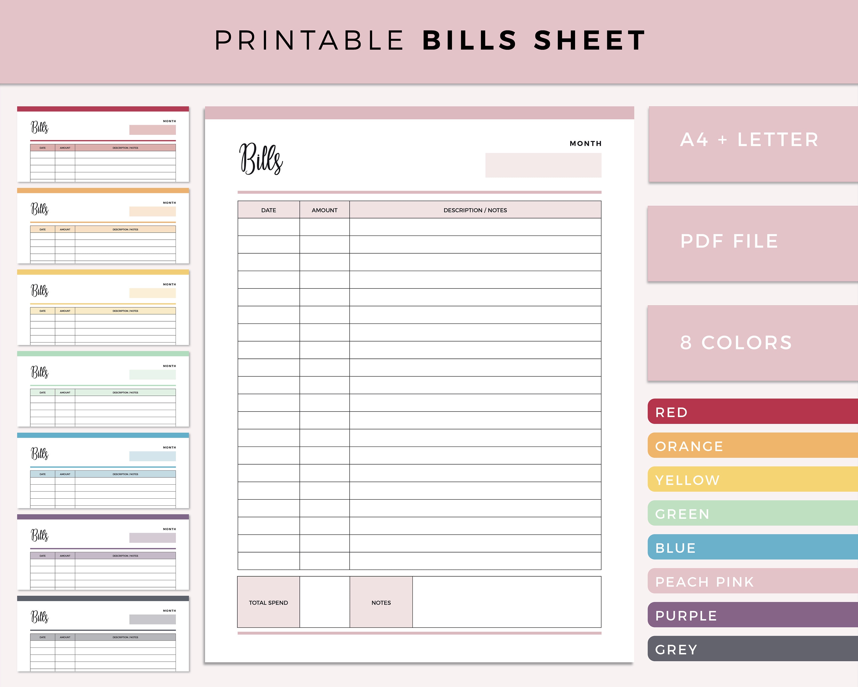 Printable Bill Payment Sheet Print at Home Monthly Bills | Etsy