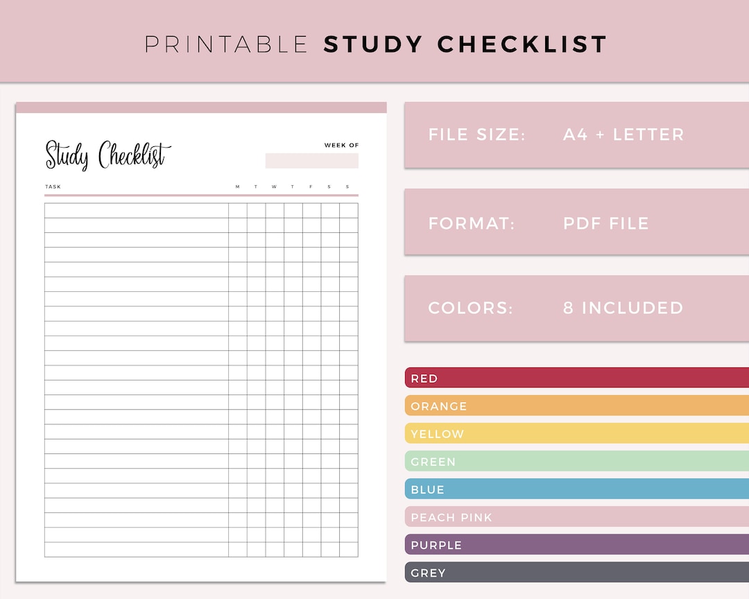 Printable Study Checklist, Print at Home Daily Study Chart, Studying ...