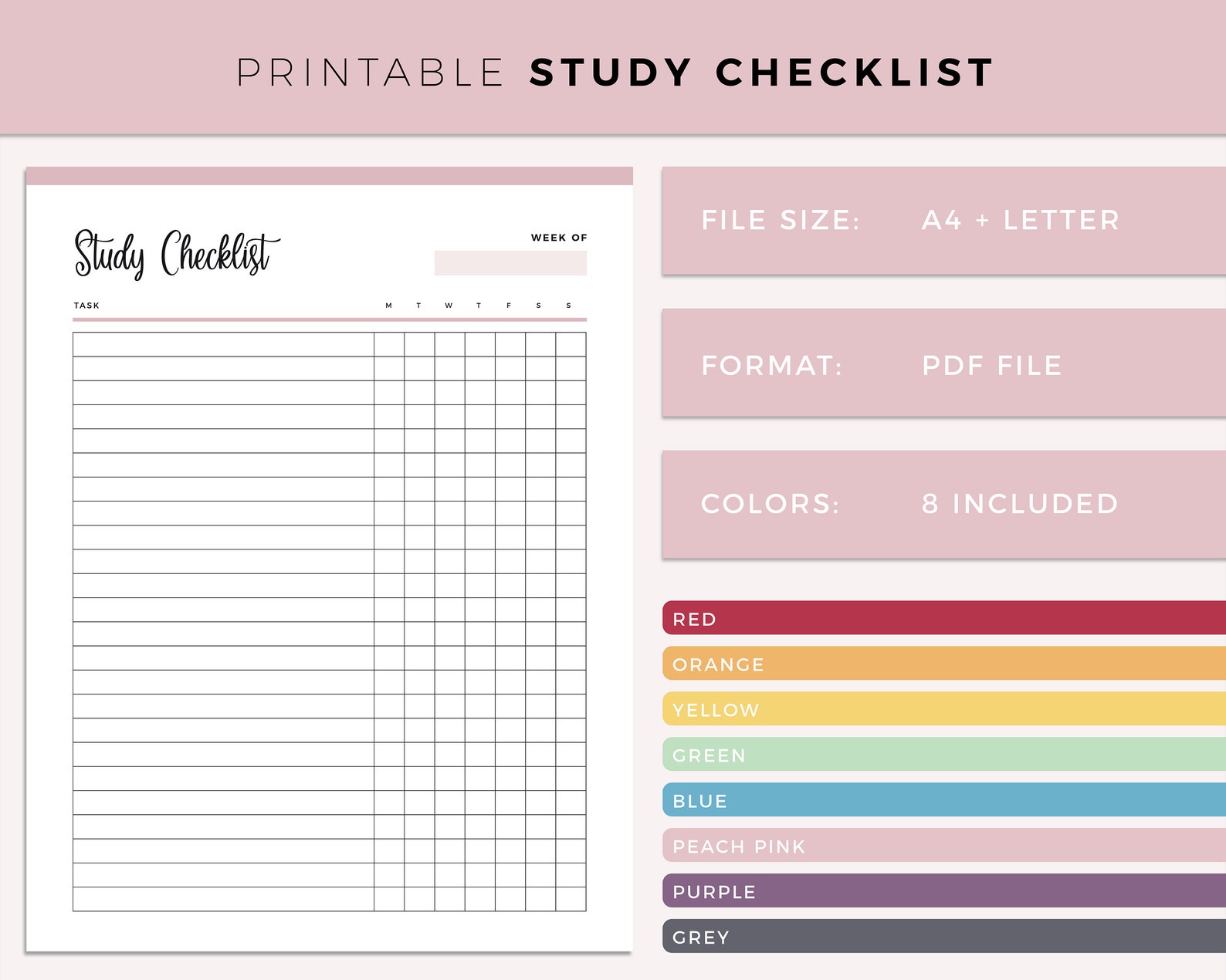 Printable Study Checklist Print at Home Daily Study Chart - Etsy