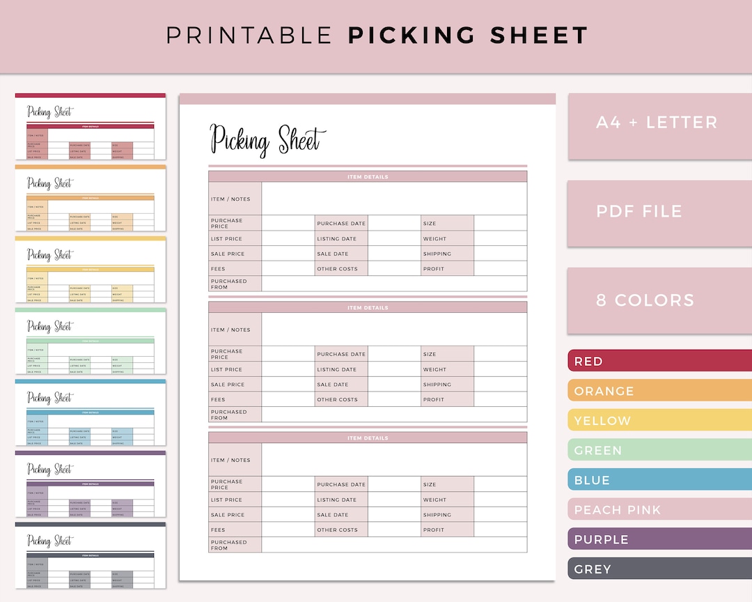 Printable Picking Sheet, Reseller Planner, Ebay Seller Picking Sheet ...