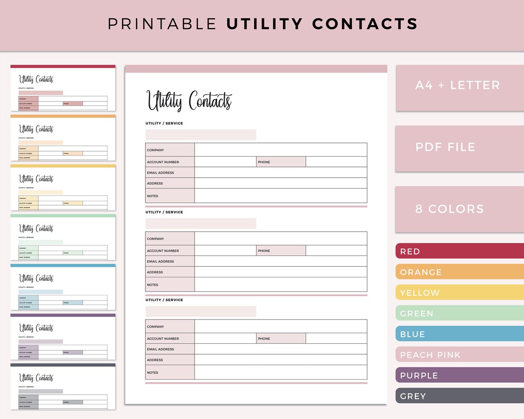 Printable Utility Contacts Tracker, Utility Service Address Book ...