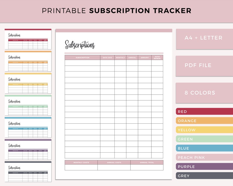 Printable Subscription Tracker, Membership Tracking, Monthly ...