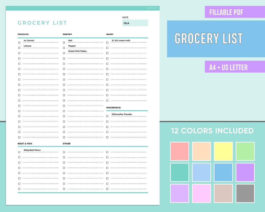 Editable Grocery List Printable, Fillable Shopping List, Digital ...