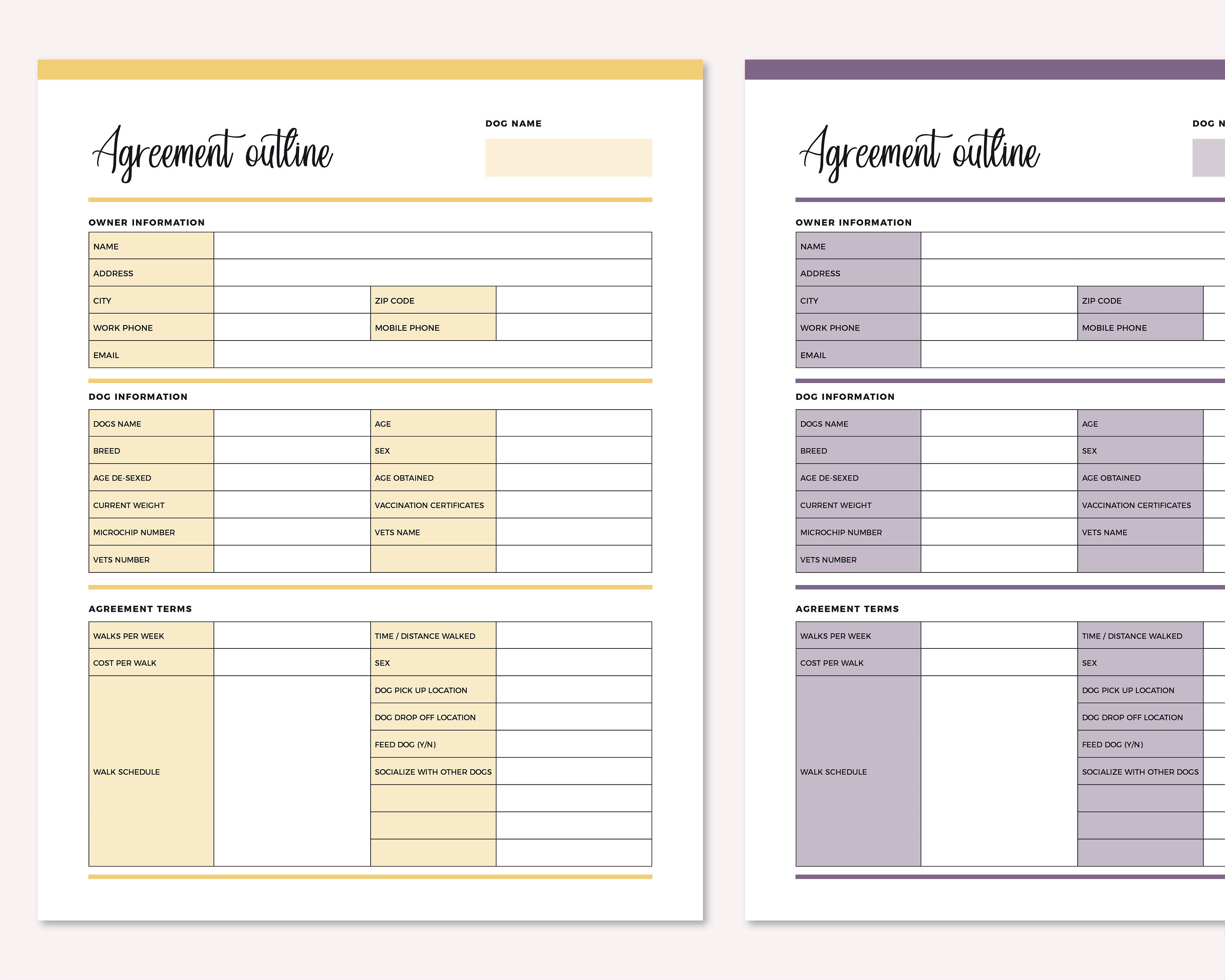 Printable Dog Walker Agreement Outline Dog Sitter Form Dog | Etsy