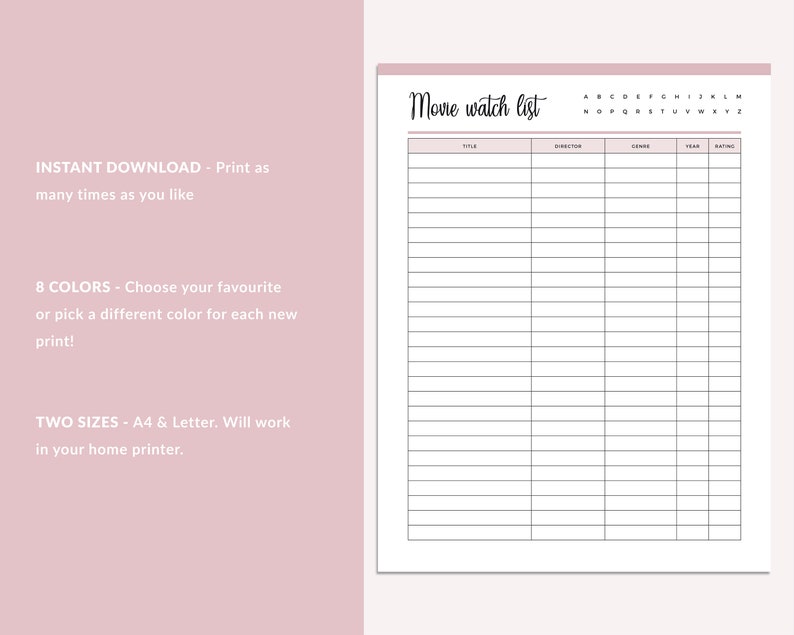 Film Watchlist Movie Watch Checklist Printable Movie | Etsy