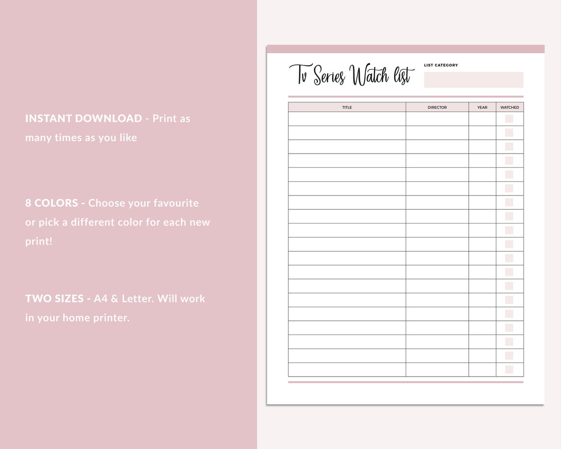 TV Series Watchlist Printable Television Show Watch List TV - Etsy