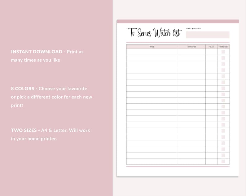 TV Series Watchlist Printable Television Show Watch List TV - Etsy