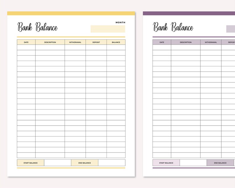 Printable Bank Balance Sheet, Savings Tracker, Banking Record, Finance ...