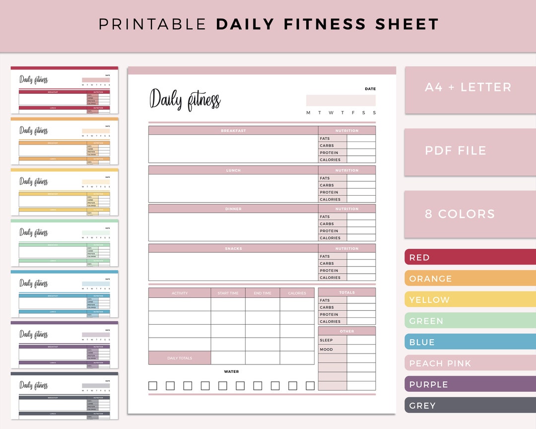 Daily Fitness Sheet Printable, Food and Exercise Tracker, Calorie ...