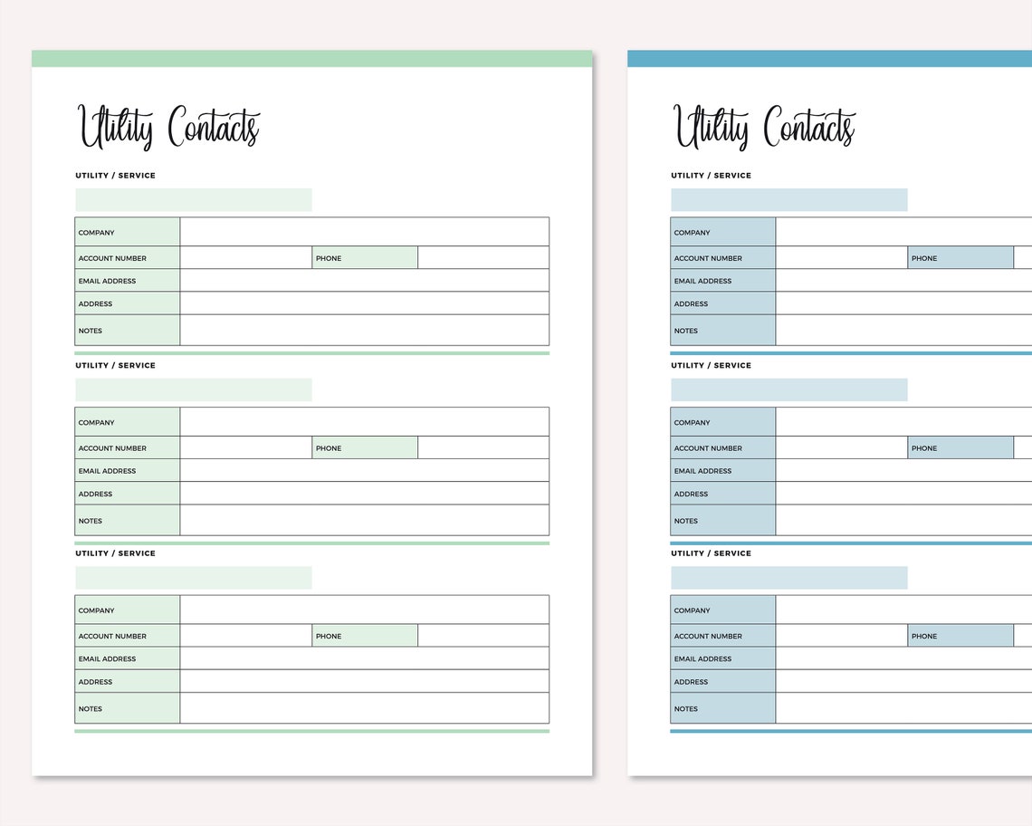 Printable Utility Contacts Tracker, Utility Service Address Book ...