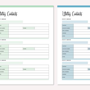 Printable Utility Contacts Tracker, Utility Service Address Book ...