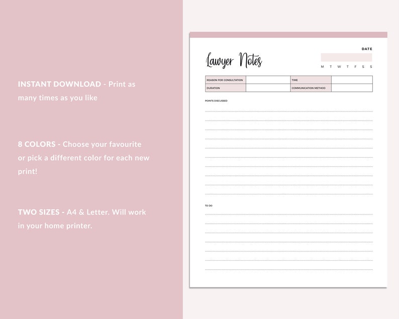 Printable Lawyer Notes, Print at Home Communication Sheet for Attorney ...