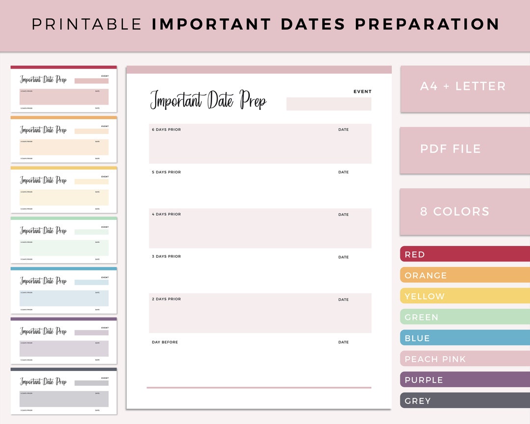 Printable Important Date Preparation, Week Planner, Week Outline, Exam ...