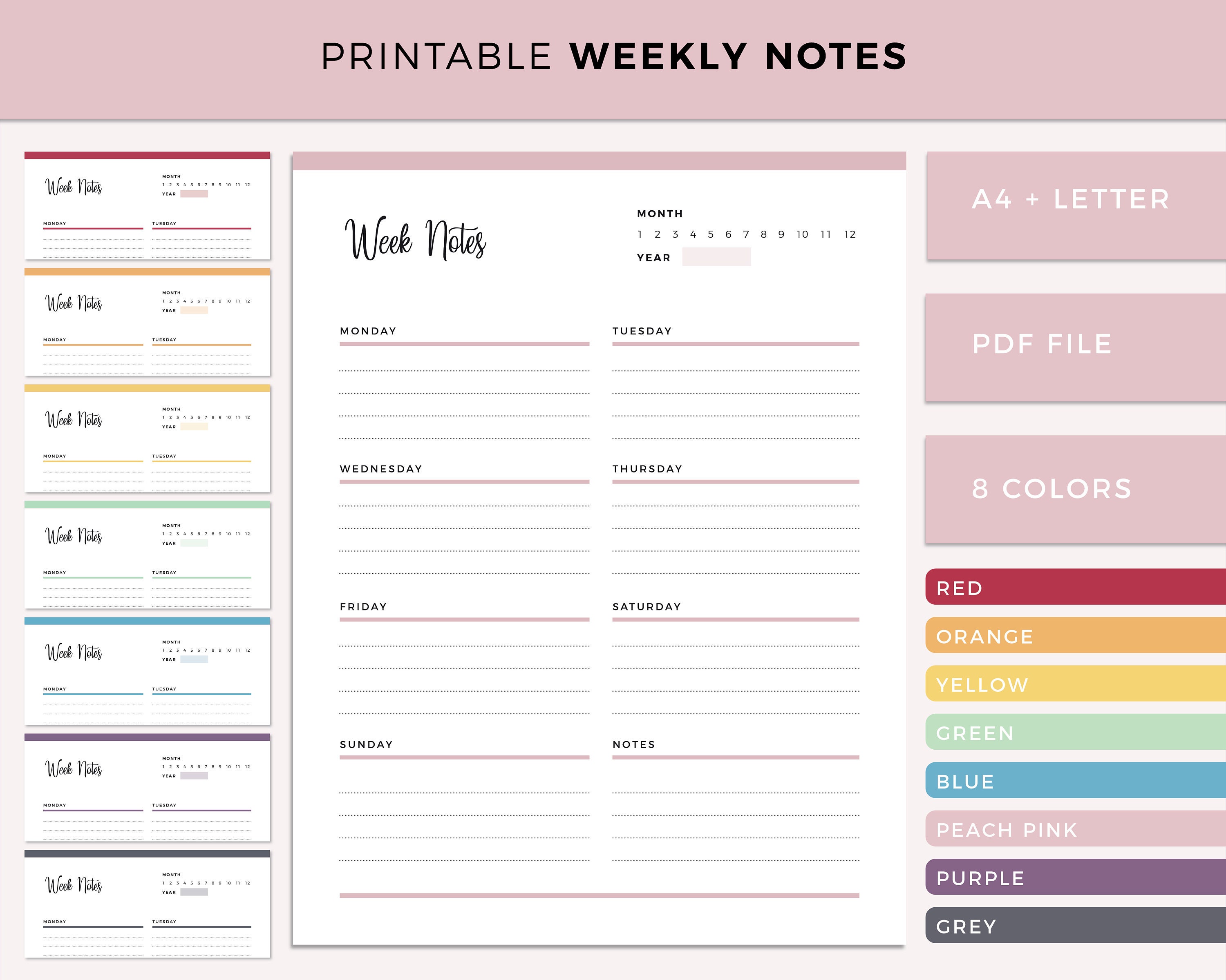Printable Weekly Notes, Week Notes Planner Insert, Notes Checklist ...