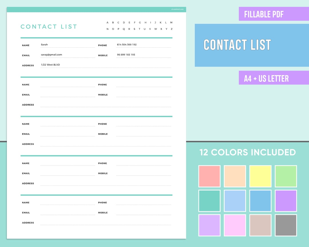 Editable Contact List Printable, Fillable Address Book Template ...