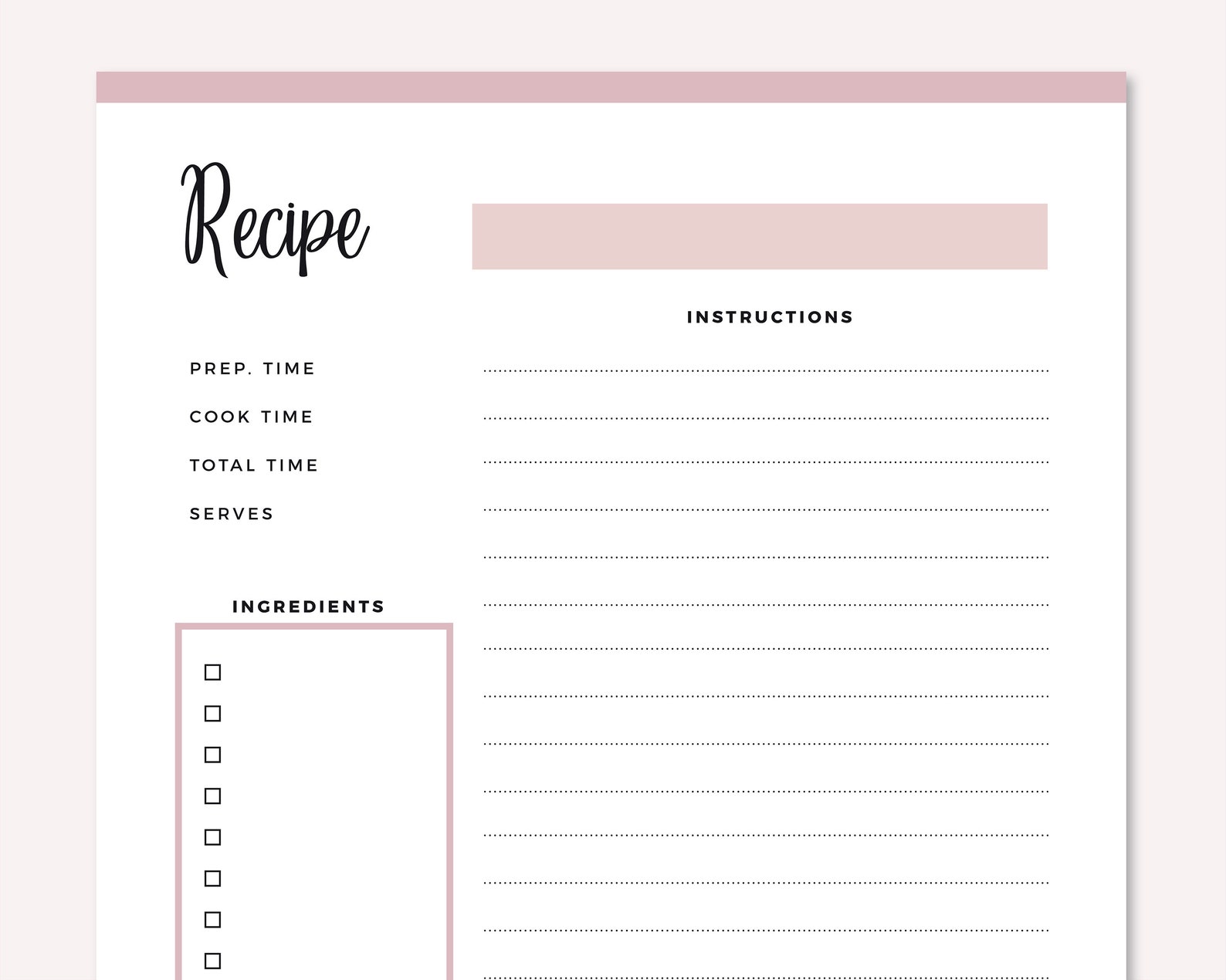 Printable Recipe Template Blank Recipe Page Cooking List - Etsy