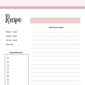 Printable Recipe Template, Blank Recipe Page, Cooking List Sheet ...